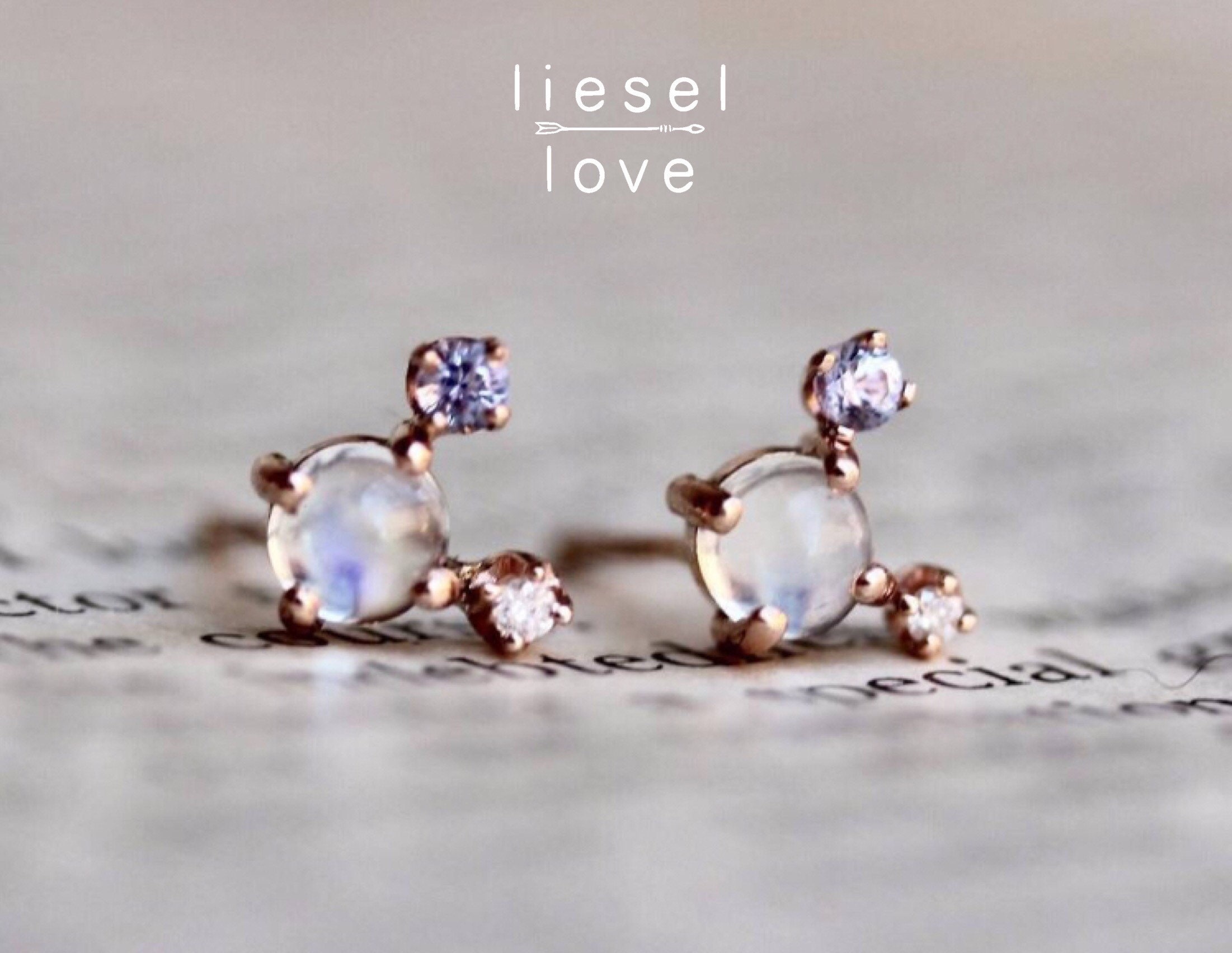 14K Gold Moonstone Diamond Tanzanite Orbit Studs