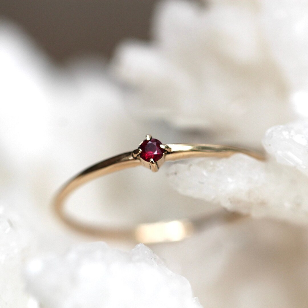 14K Gold Tiny Ruby Ring Red Stone Ring Stacking Ring July - Etsy