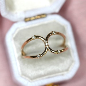 14K Double Loop Ring, Diamond Loop Ring, Double Ring, Two Rings in One, Double Pear, Statement ...