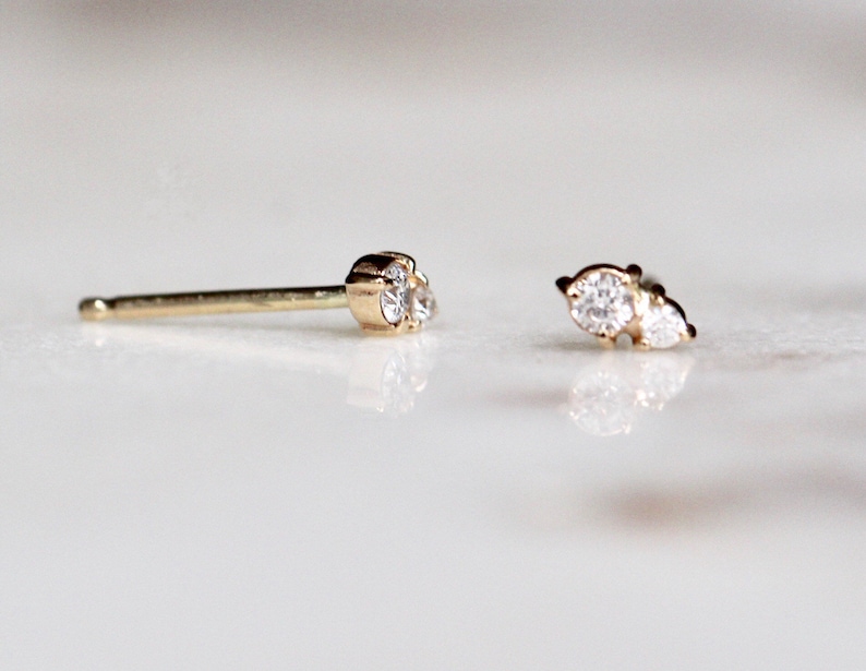 14k Gold Two Diamond Stud Second Hole Stud Tiny Post - Etsy
