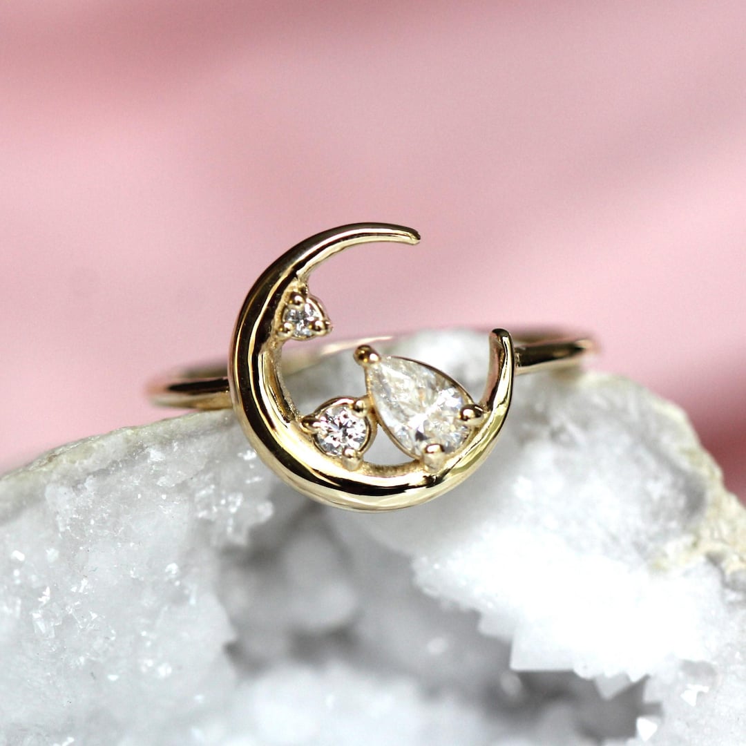 14K Moon Cluster Ring, 10K Gold, Solid Gold Ring, Half Moon Ring ...