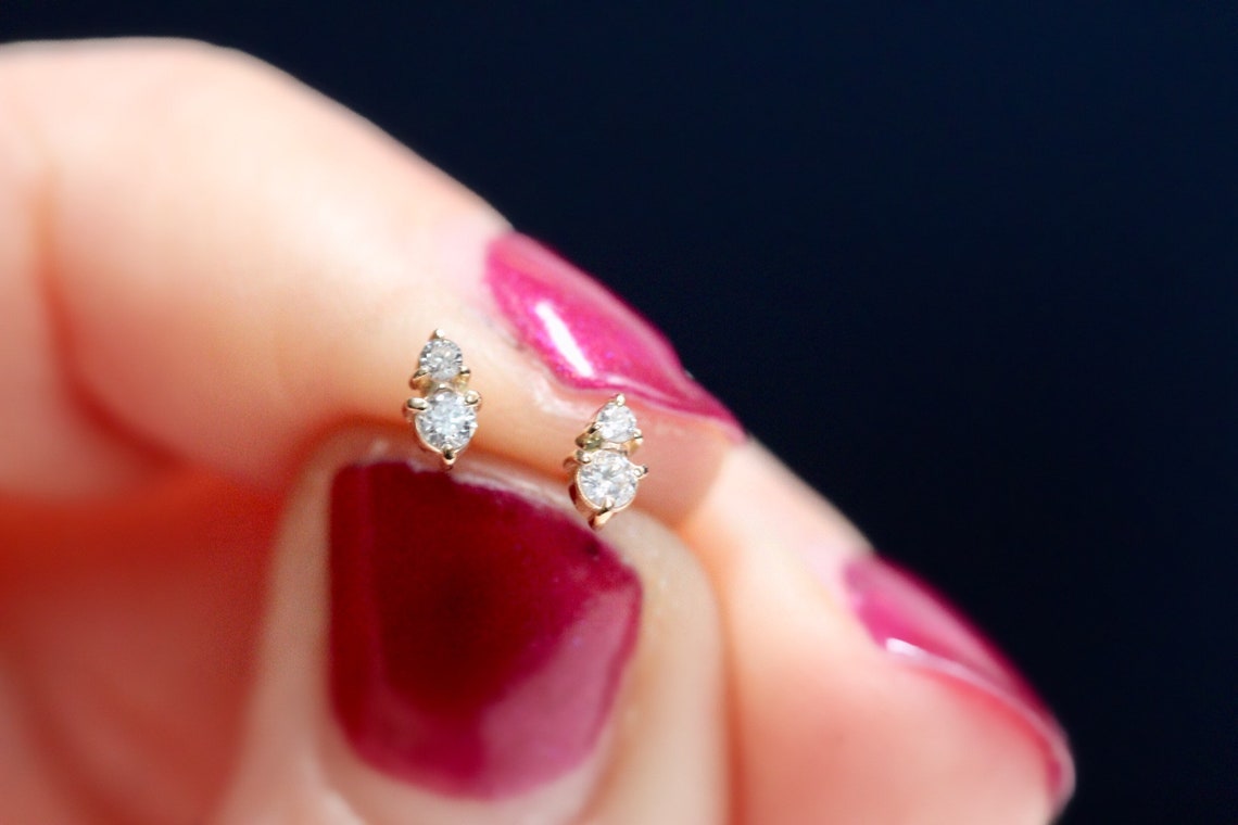 14k Gold Two Diamond Stud Second Hole Stud Tiny Post - Etsy UK