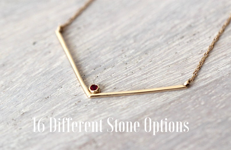 14K Gold Birthstone Necklace Solid Gold Chevron Necklace | Etsy