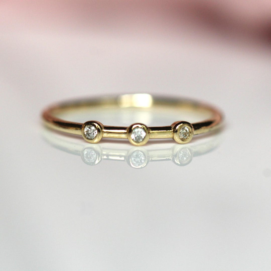 14K Triple Diamond Bezel Ring, Three Stone Ring, Tiny Bezel Ring ...