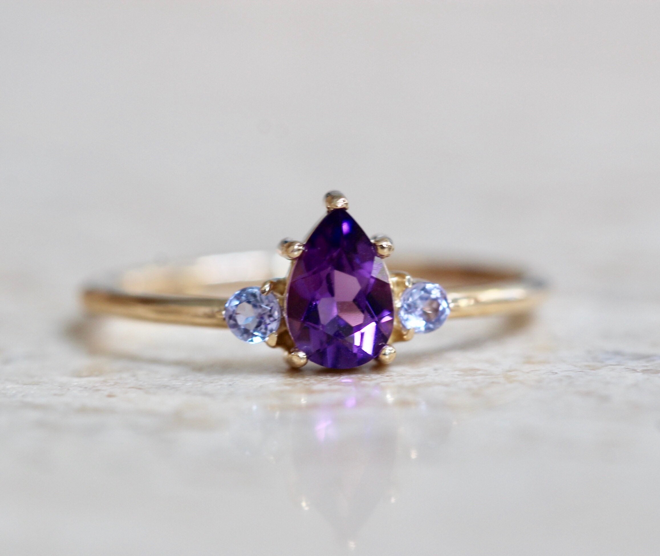 14K Gold Amethyst Tanzanite Pear Ring