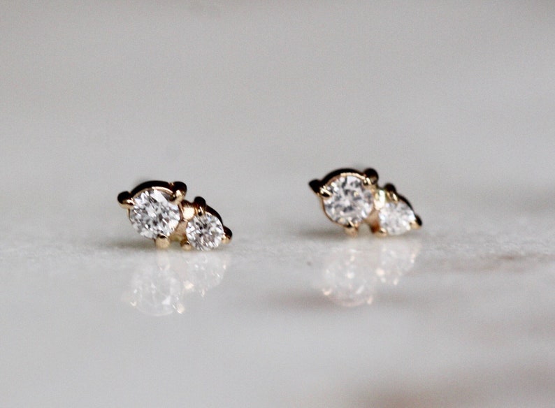 14k Gold Two Diamond Stud Second Hole Stud Tiny Post - Etsy