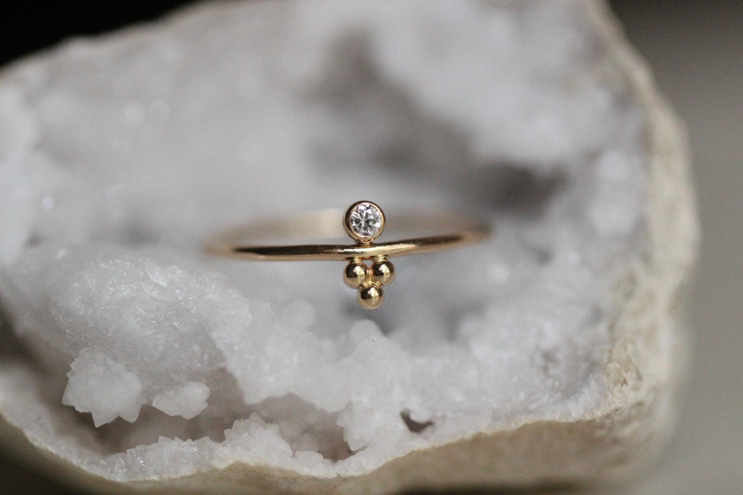 14K Gold Diamond Bead Accent Ring, Floating Stone Ring, 10K Bezel Ring ...