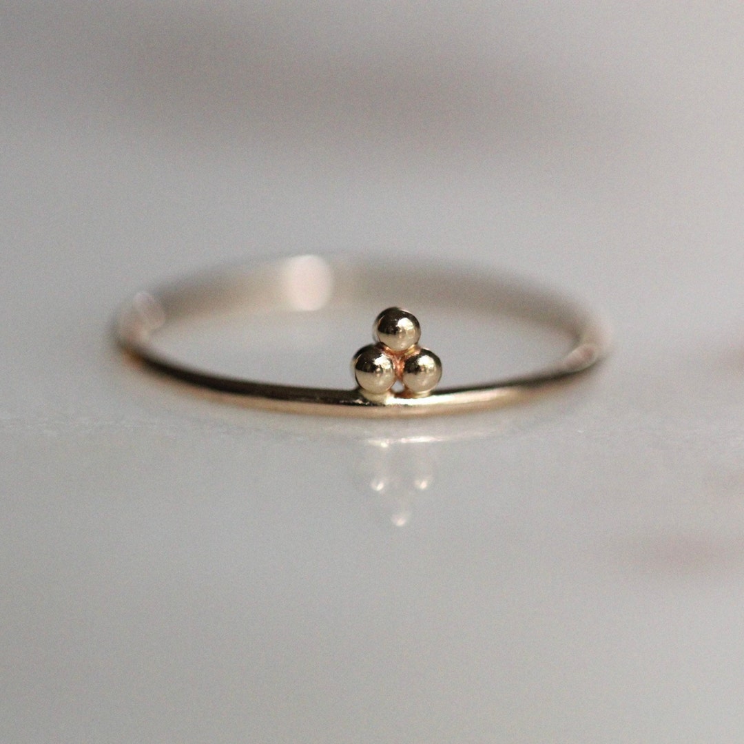 14K Gold Three Bead Stacking Ring, Triangle Ring, Floating Accent ...