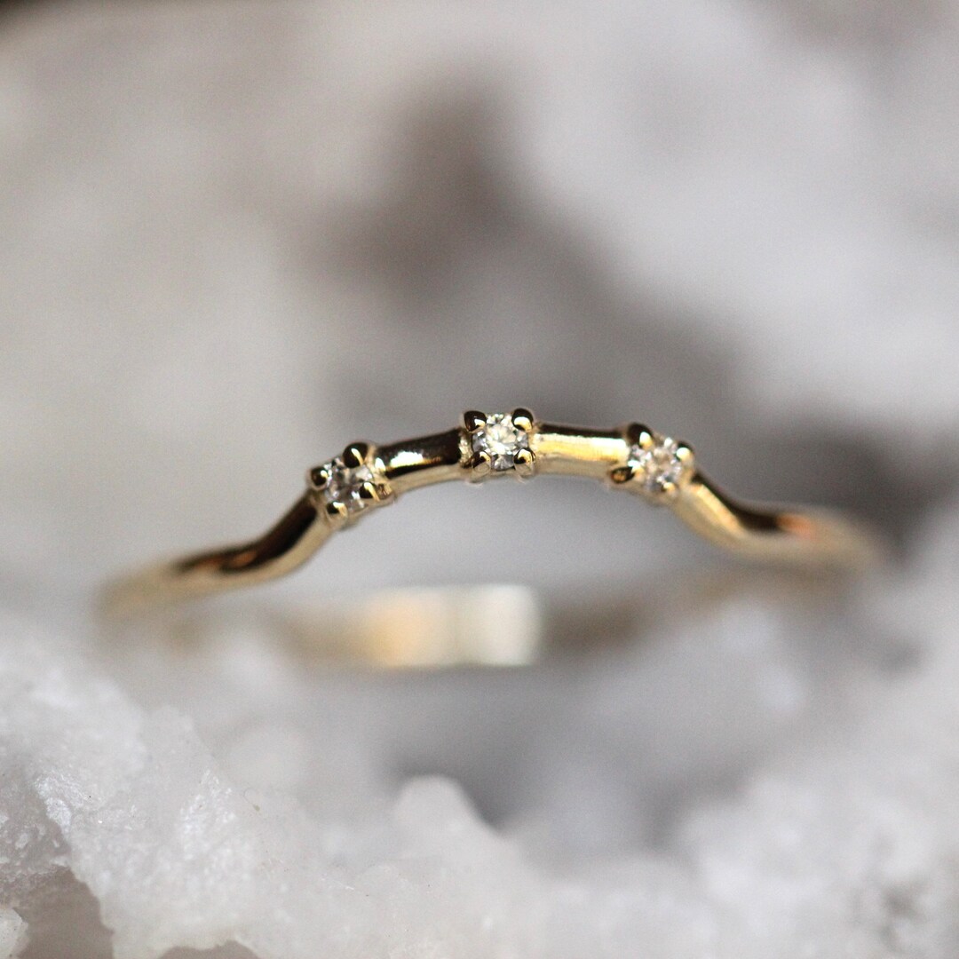 14K Gold Three Diamond Curved Band, Solid Gold, Stacking Ring, Half ...