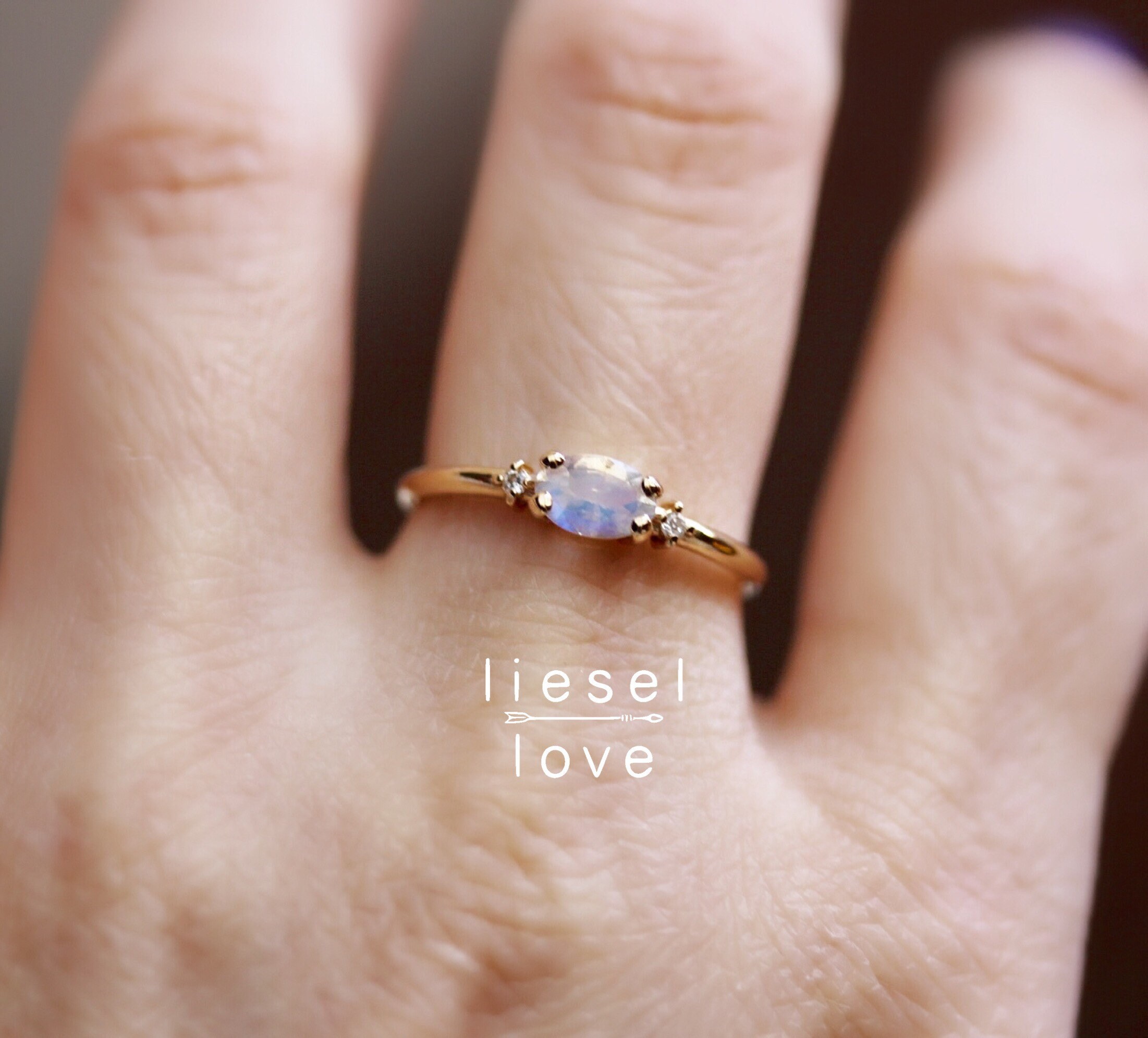 14K Gold Moonstone & Diamond Mirror, Mirror Ring