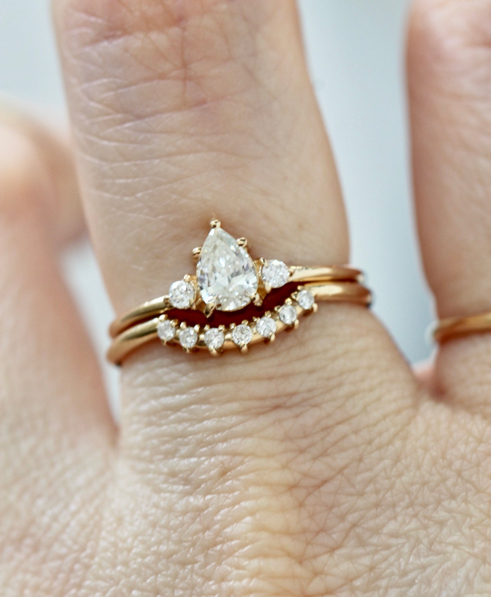 14K Gold Diamond Pear Ring Three Stone Ring Pear Diamond | Etsy