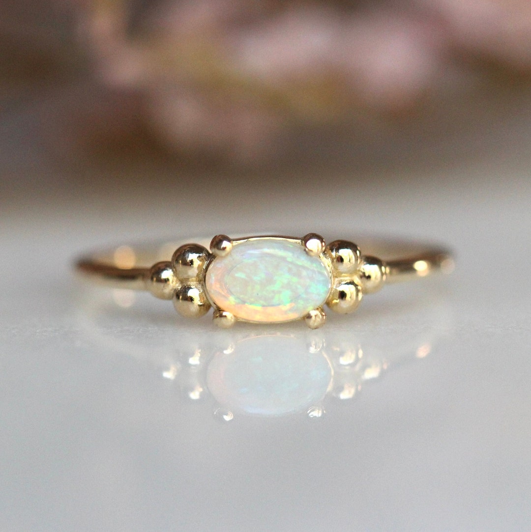 14K Triple Bead Opal Ring, Oval Opal Ring, Australian Opal, Gemstone ...
