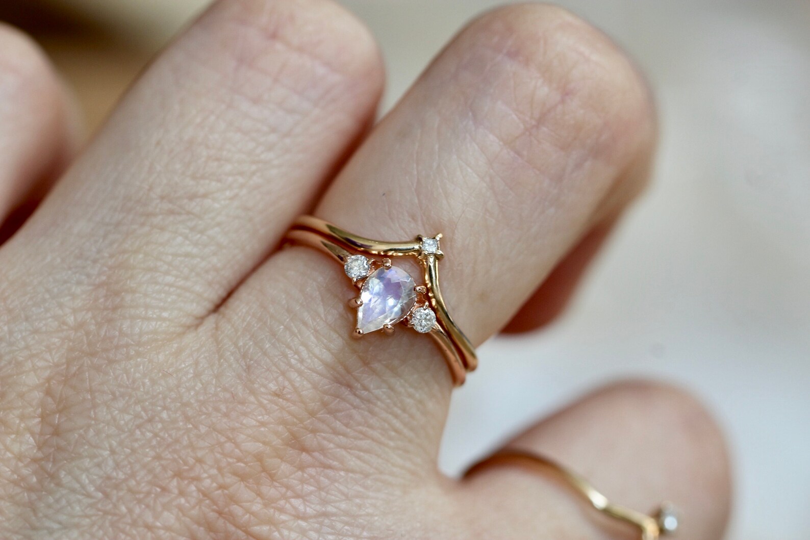 14K Gold Moonstone Pear Ring Three Stone Ring Pear Moonstone | Etsy