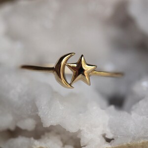 14K Star and Moon Ring, Solid Gold Ring, Astrology Jewelry, Minimal ...