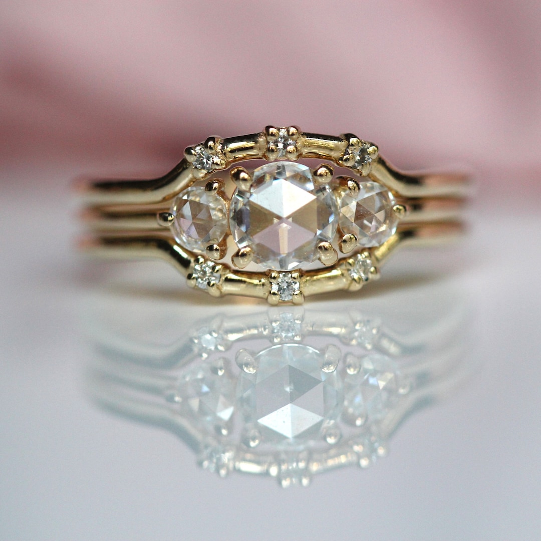 14K Gold Rose Cut Diamond Ring Set, Three Stone Ring, Rosecut Stone ...