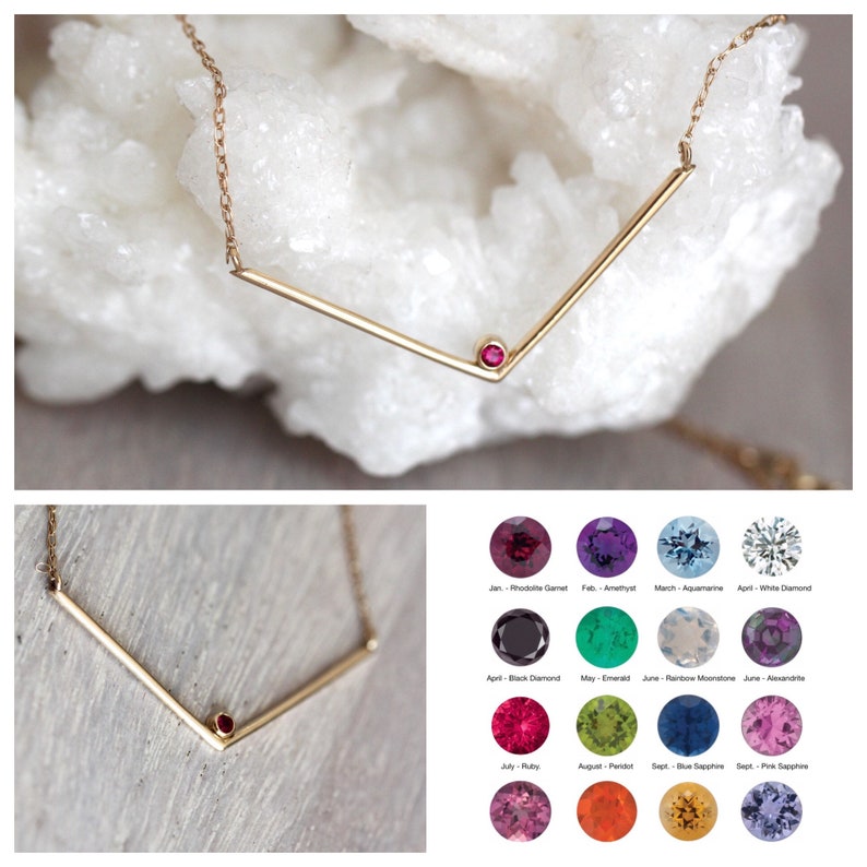 14K Gold Birthstone Necklace Solid Gold Chevron Necklace | Etsy