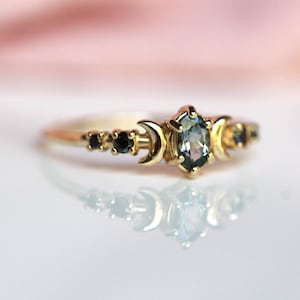 14K Moon Phase Ring, Grey Spinel and Black Diamond Ring, Double Moon ...