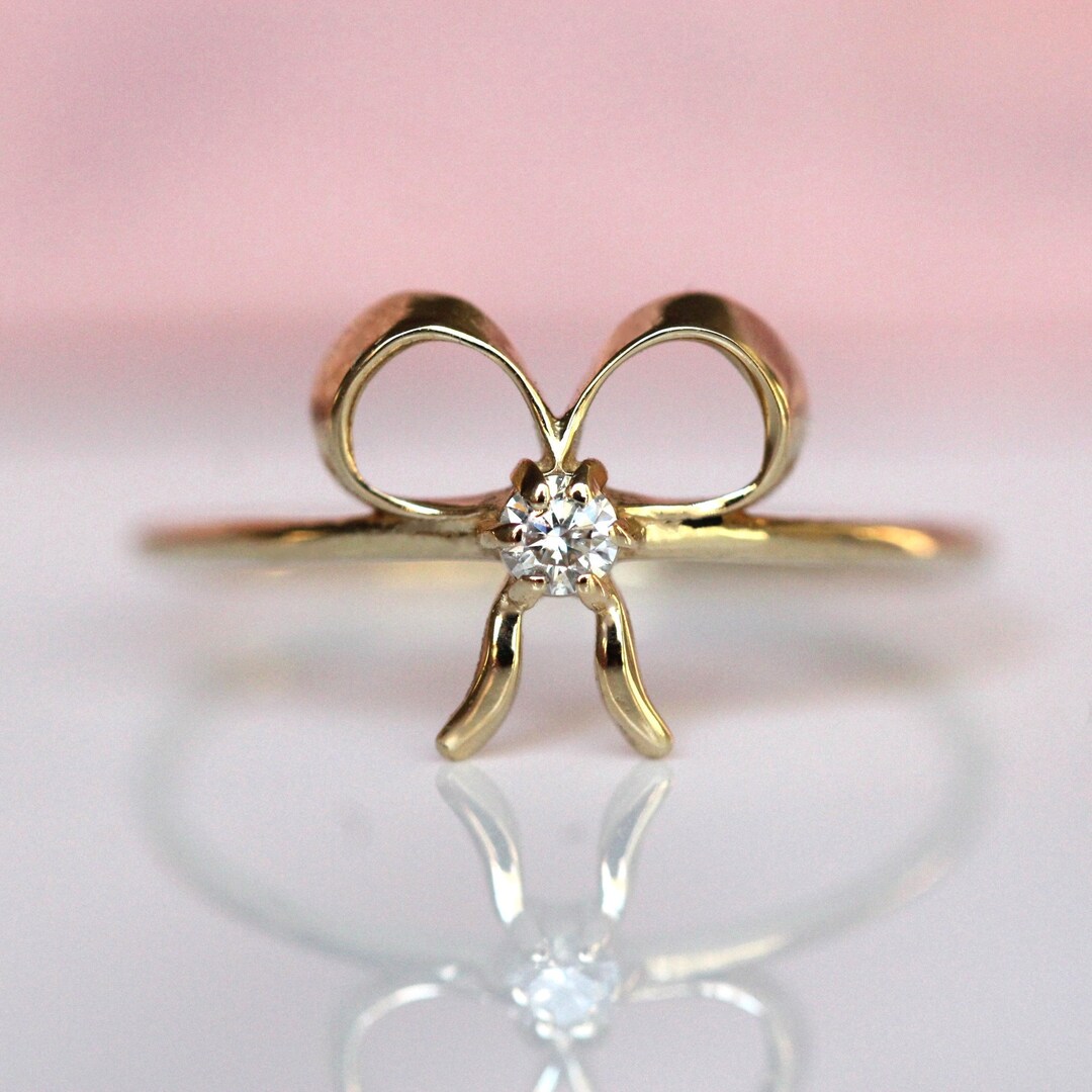 14K Gold Ribbon Ring, Diamond Ribbon Ring, Diamond Bow Ring, Gift for ...