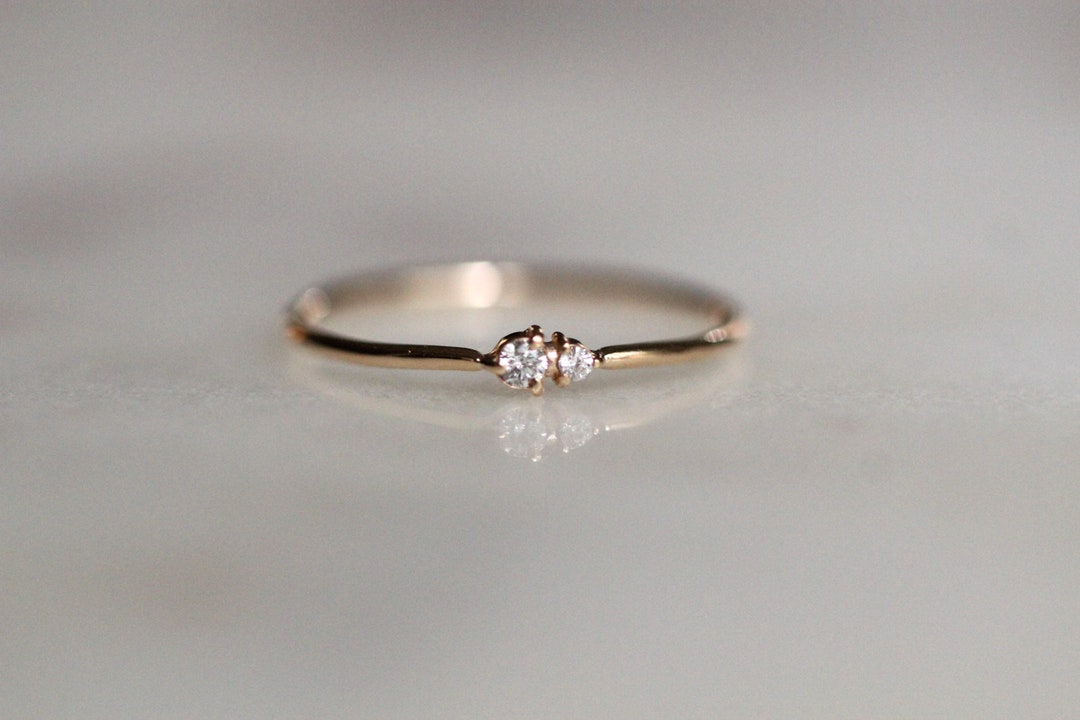 14K Gold Two Stone Ring Whisper Thin Ring Stacking Ring - Etsy