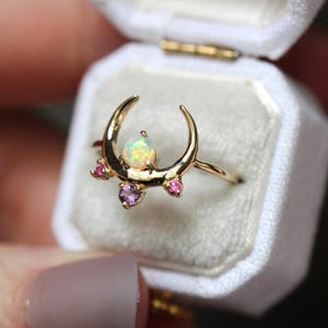 14K Crescent Moon Cluster Ring, 10K, Australian Opal, Pink Sapphire, Amethyst, Moon Ring ...