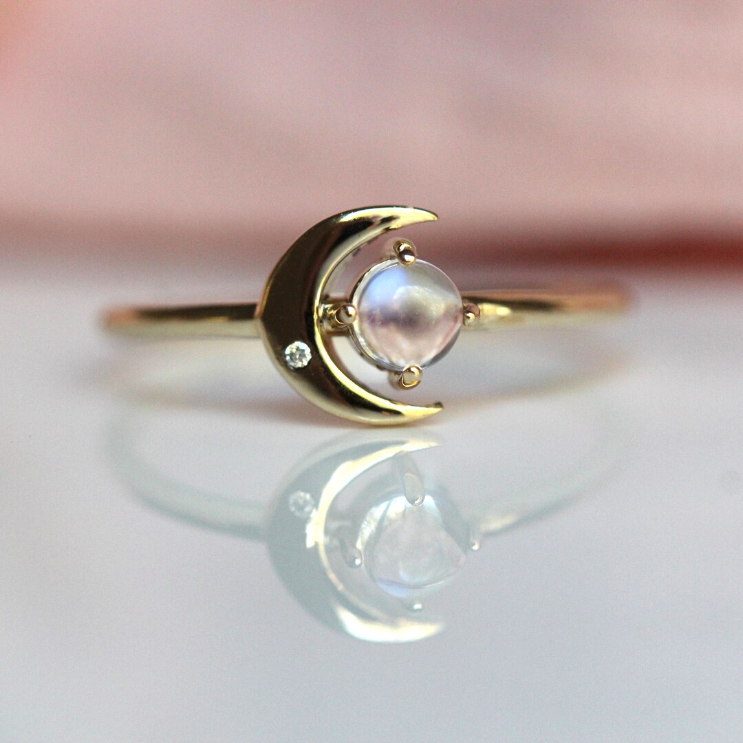 14K Solid Gold Moonstone Moon Ring, 10K Crescent Moon Ring, Moon ...