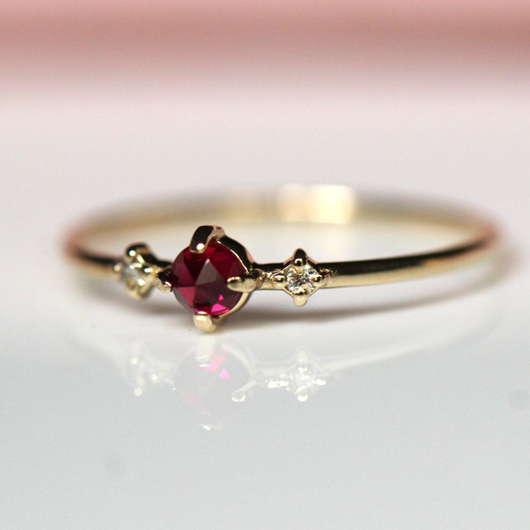 14K Gold Ruby Diamond Ring, Red Stone Ring, Dainty Ring, Rose-cut Ruby, Solid Gold Ring, Three ...