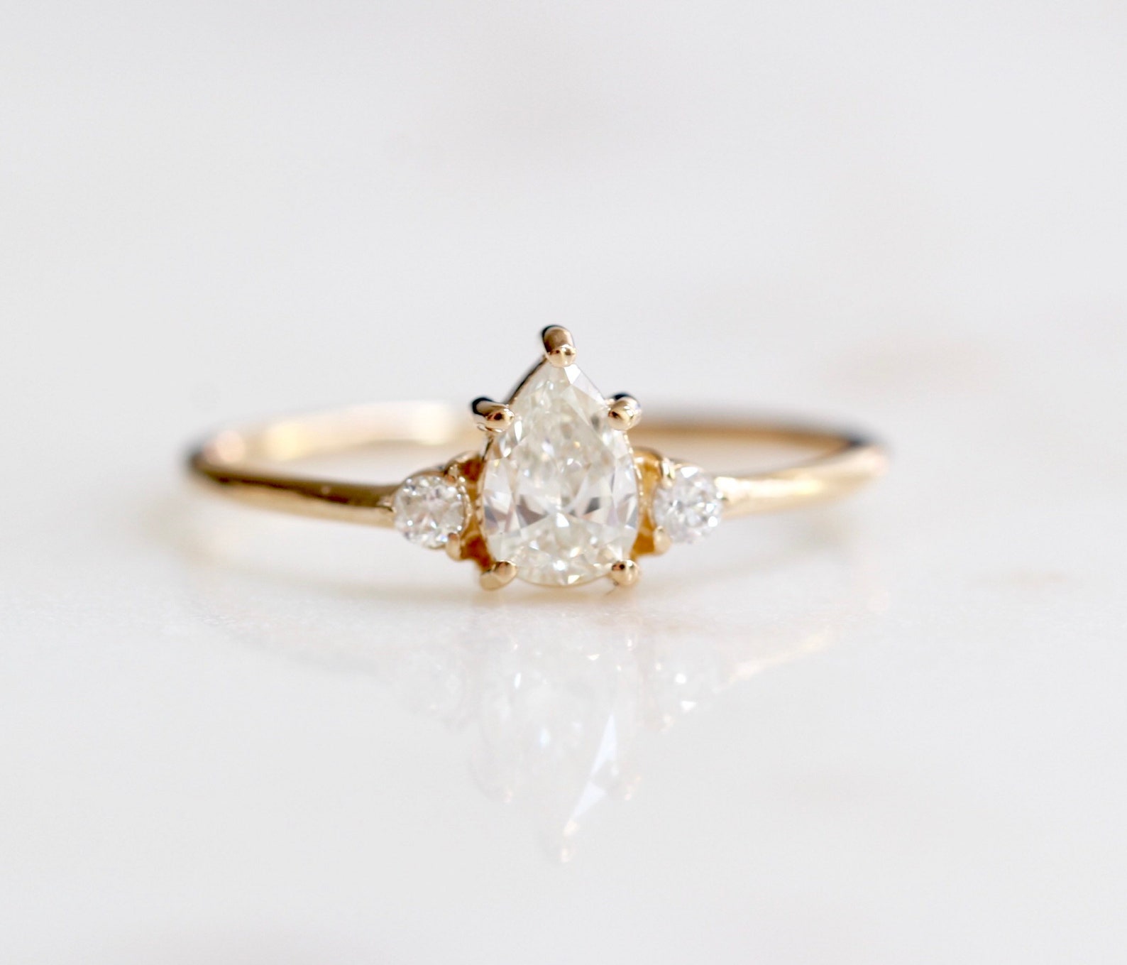 14K Gold Diamond Pear Ring Three Stone Ring Pear Diamond | Etsy