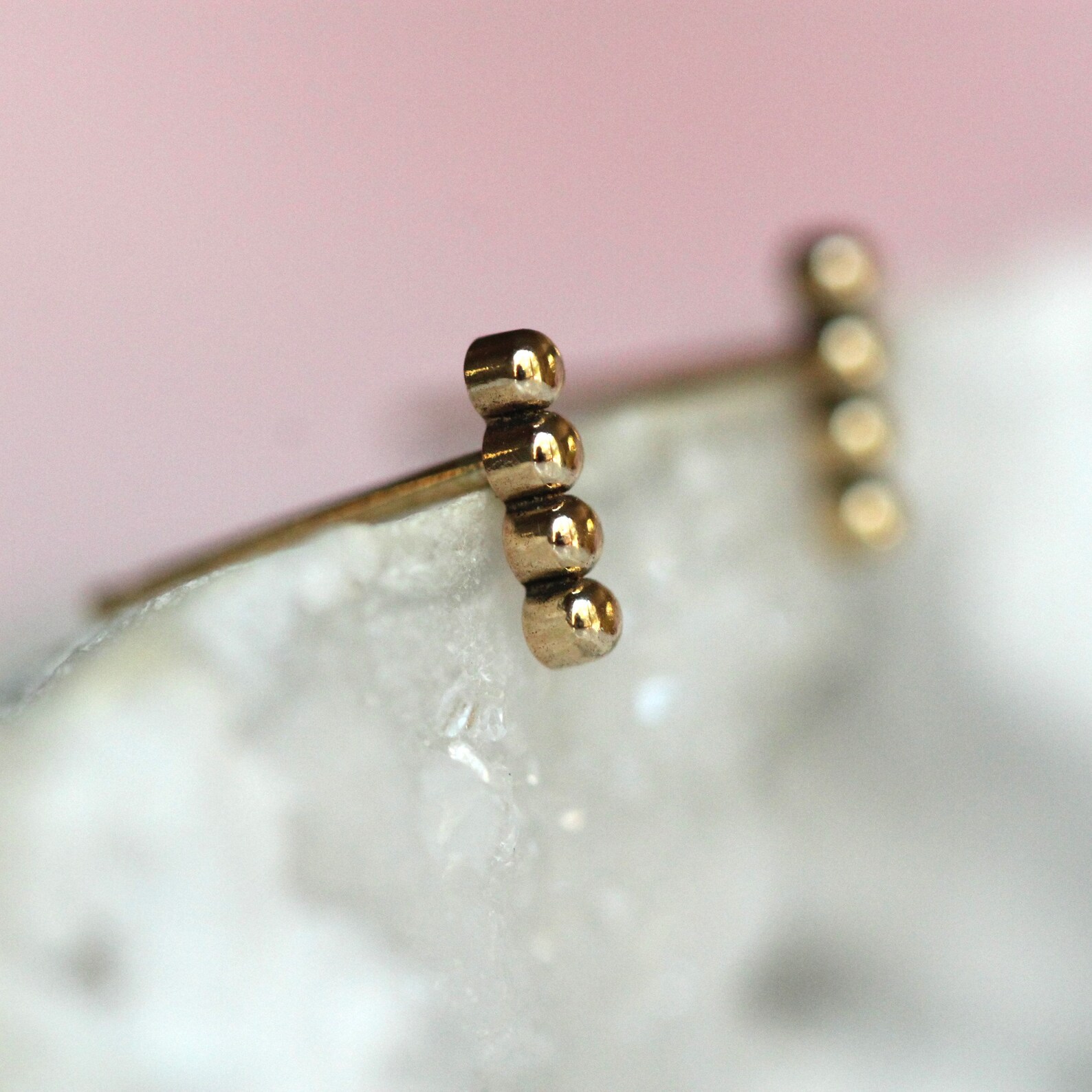Solid 14K Gold Beaded Long Bar Studs, Gold Studs, Line Studs, Real Gold ...