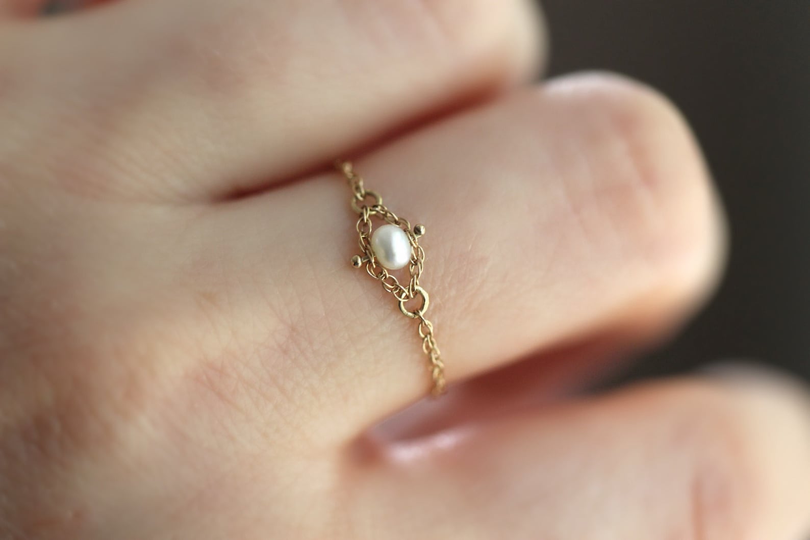 14K Gold Pearl Chain Ring Solid Gold Chain Ring Solid Gold | Etsy