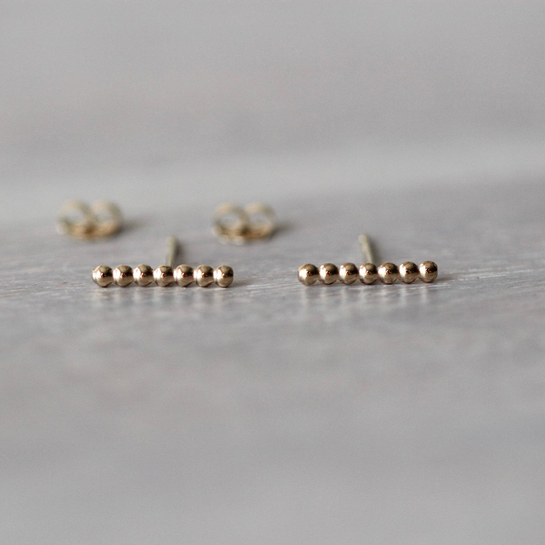 Solid 14K Gold Beaded Long Bar Studs Gold Studs Line Studs - Etsy