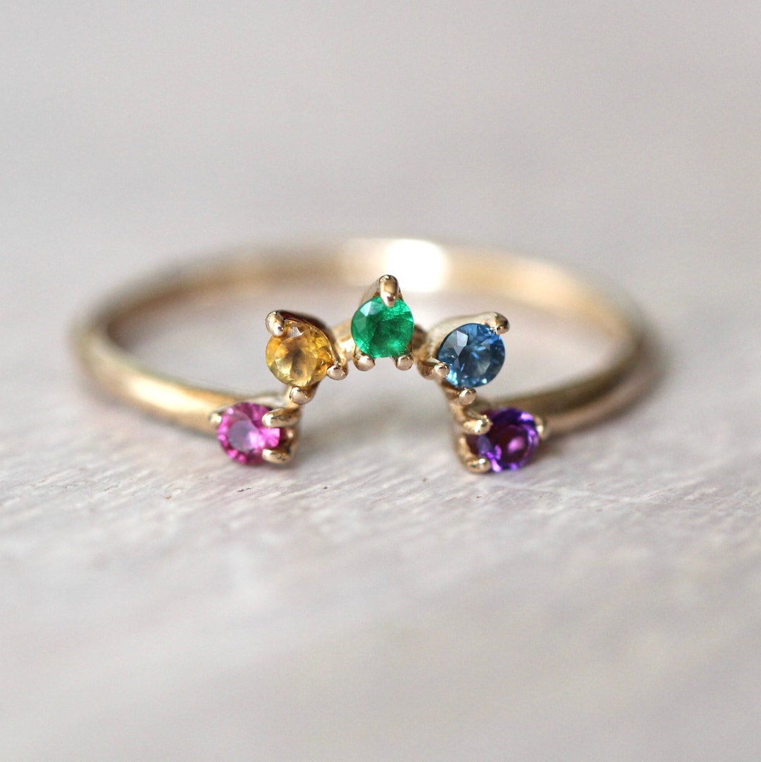 14K Gold Rainbow Ring, Multi Gemstone Ring, Arch Ring, Curved Band ...