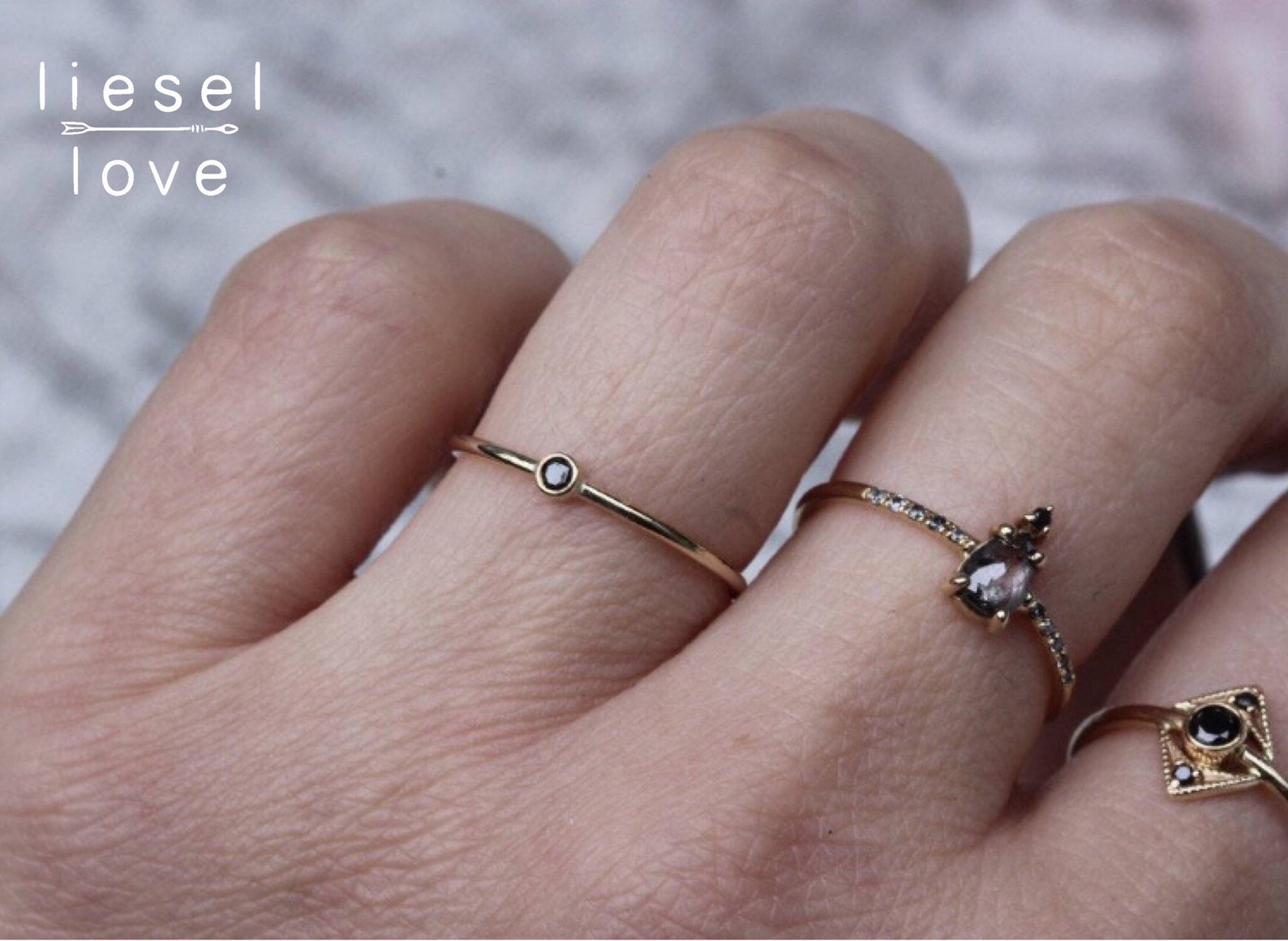 14K Gold Tiny Black Diamond Ring Black Diamond Ring Dainty | Etsy