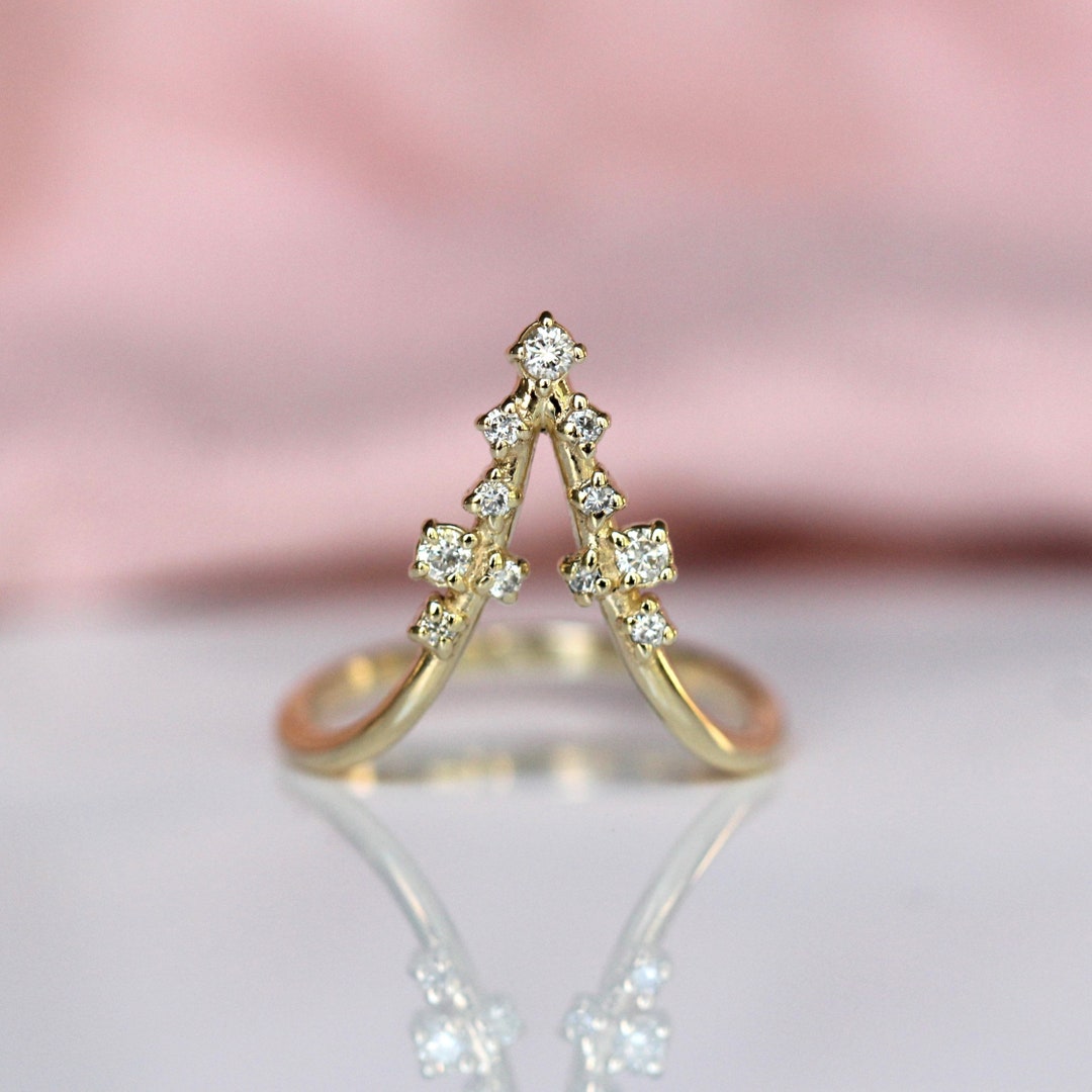 14K Deep Chevron Cluster Ring, Diamond Cluster Ring, 10K V Ring, Deep V ...
