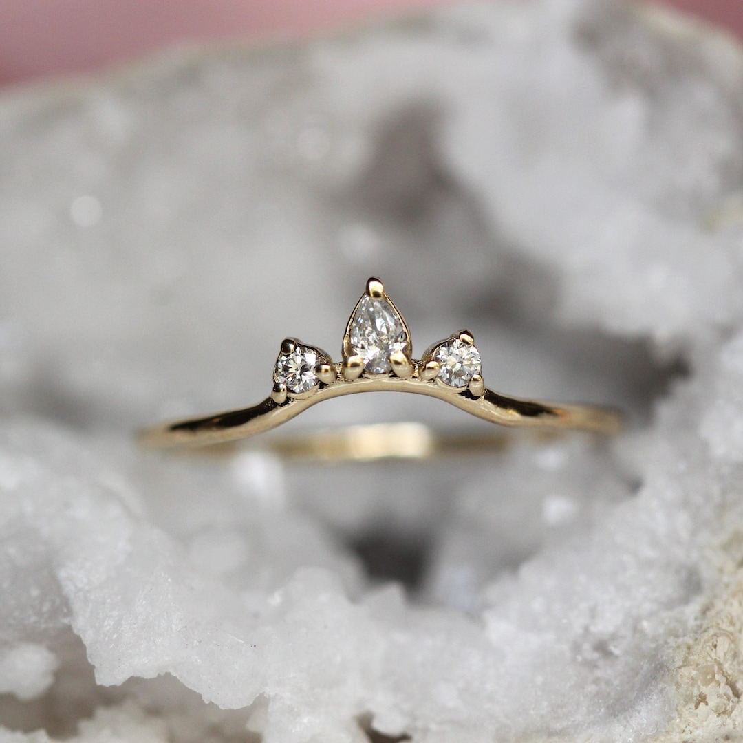 14K Curved Pear Diamond Ring, Three Stone Ring, Wedding Band, Diamond ...