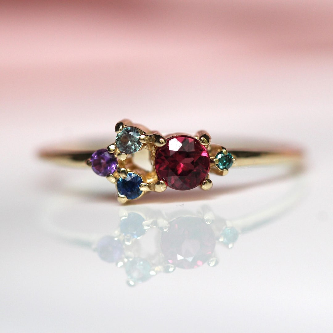 14K Gold Mixed Stone Cluster Ring, Autumn Ring, Rhodolite Garnet ...