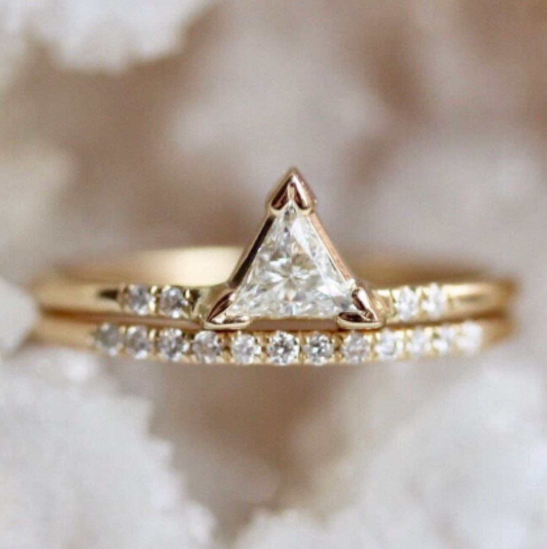 14K Gold Triangle Diamond Ring Set, Engagement Ring, Dainty Engagement ...