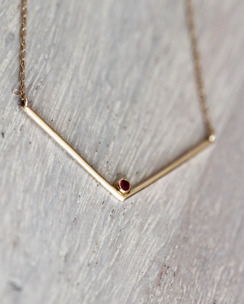 14K Gold Birthstone Necklace Solid Gold Chevron Necklace | Etsy