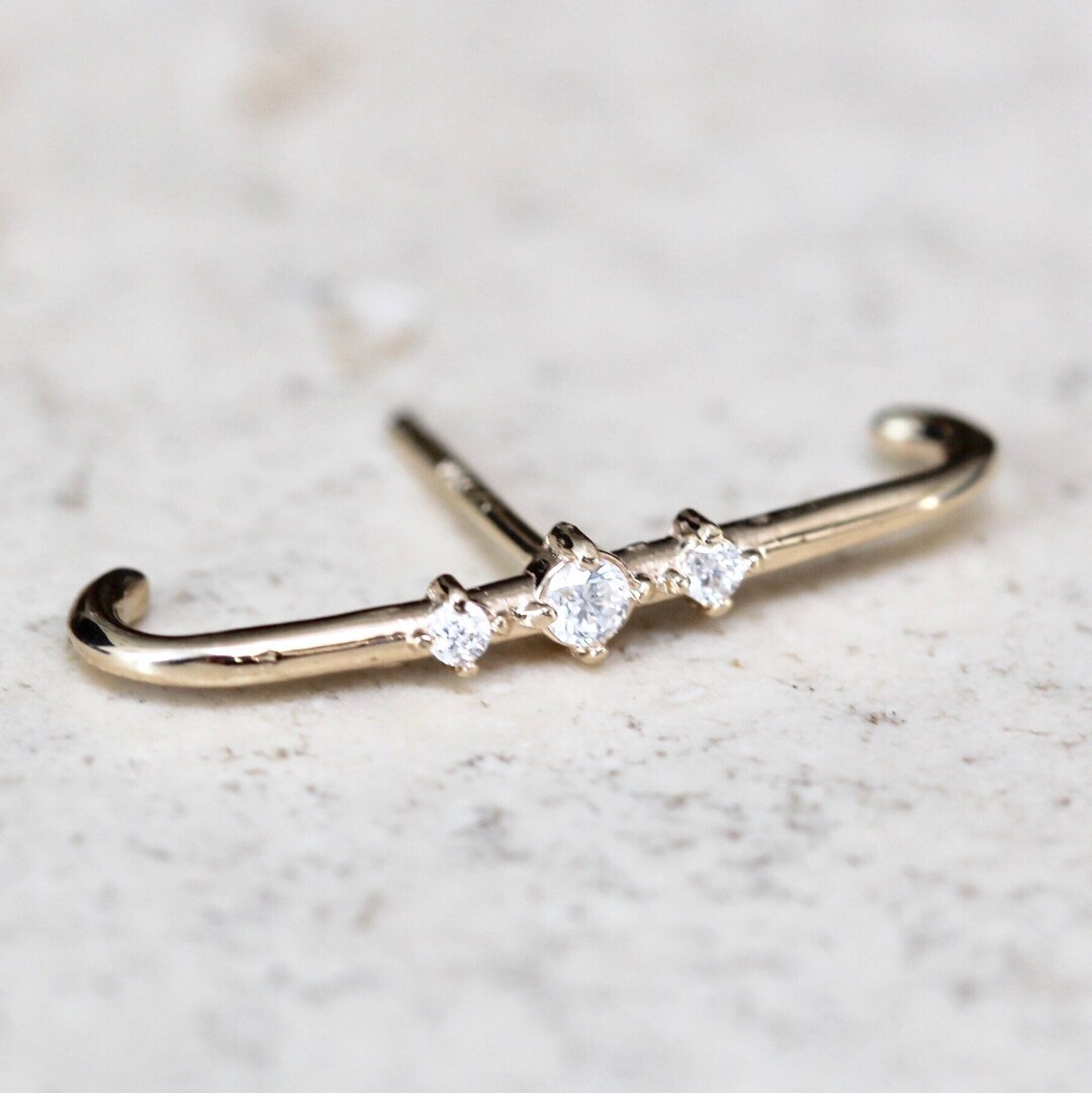 14K Gold Diamond Ear Suspender, Three Diamond Earring, Ear Wrap, Gold ...