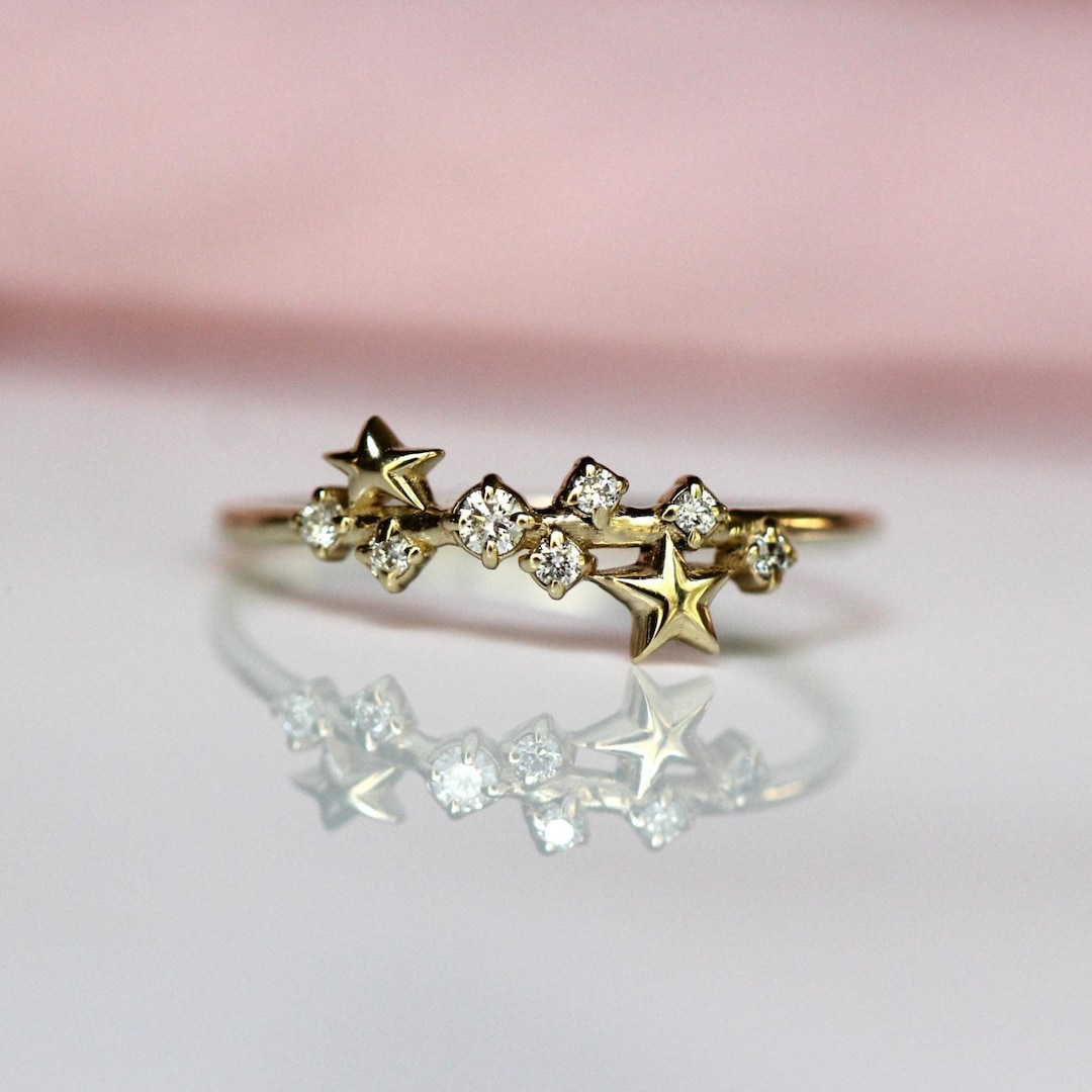 14K Gold Star Cluster Ring, Star Party Ring, Star Gaze, Star and Moon ...