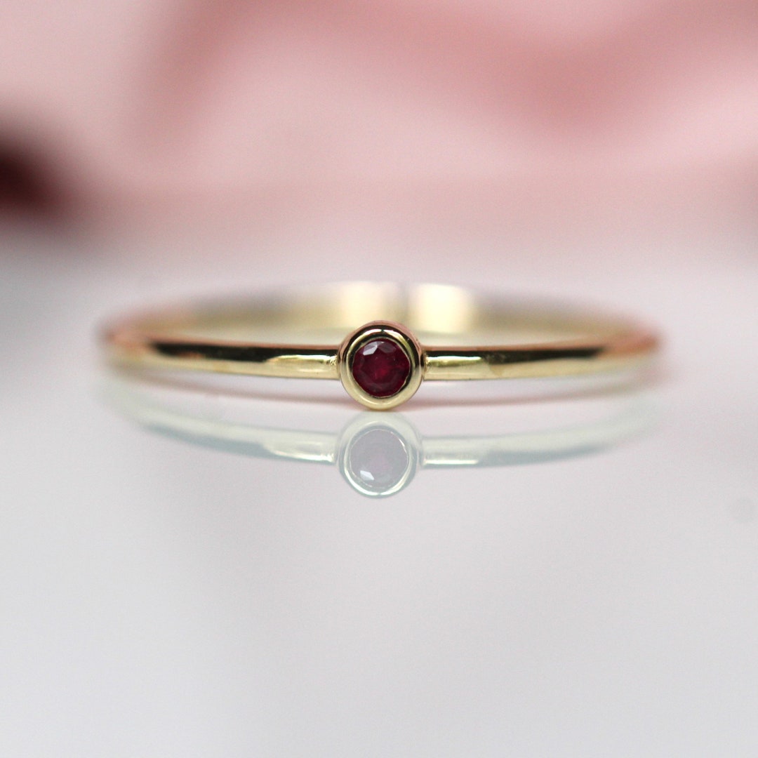 14K Gold Tiny Ruby Ring, Red Stone Ring, 10K Stacking Ring, July Birthstone, Bezel Setting ...
