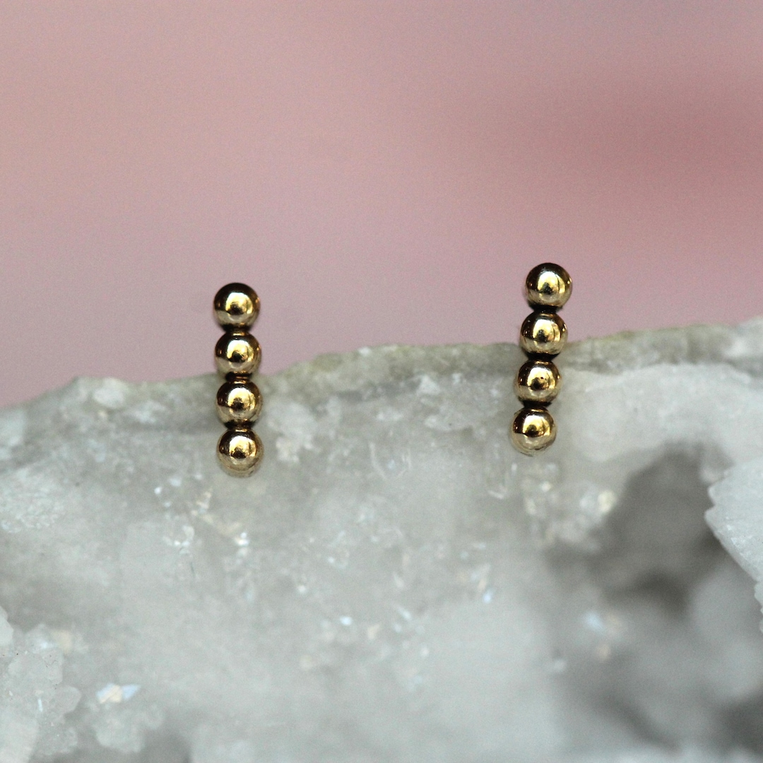 Solid 14K Gold Beaded Long Bar Studs, Gold Studs, Line Studs, Real Gold ...