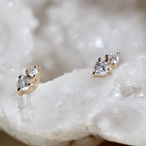 14K Gold Black Diamond Duo Stud Two Stone Stud Post Earring | Etsy