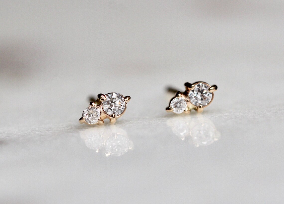 14k Gold Two Diamond Stud Second Hole Stud Tiny Post - Etsy