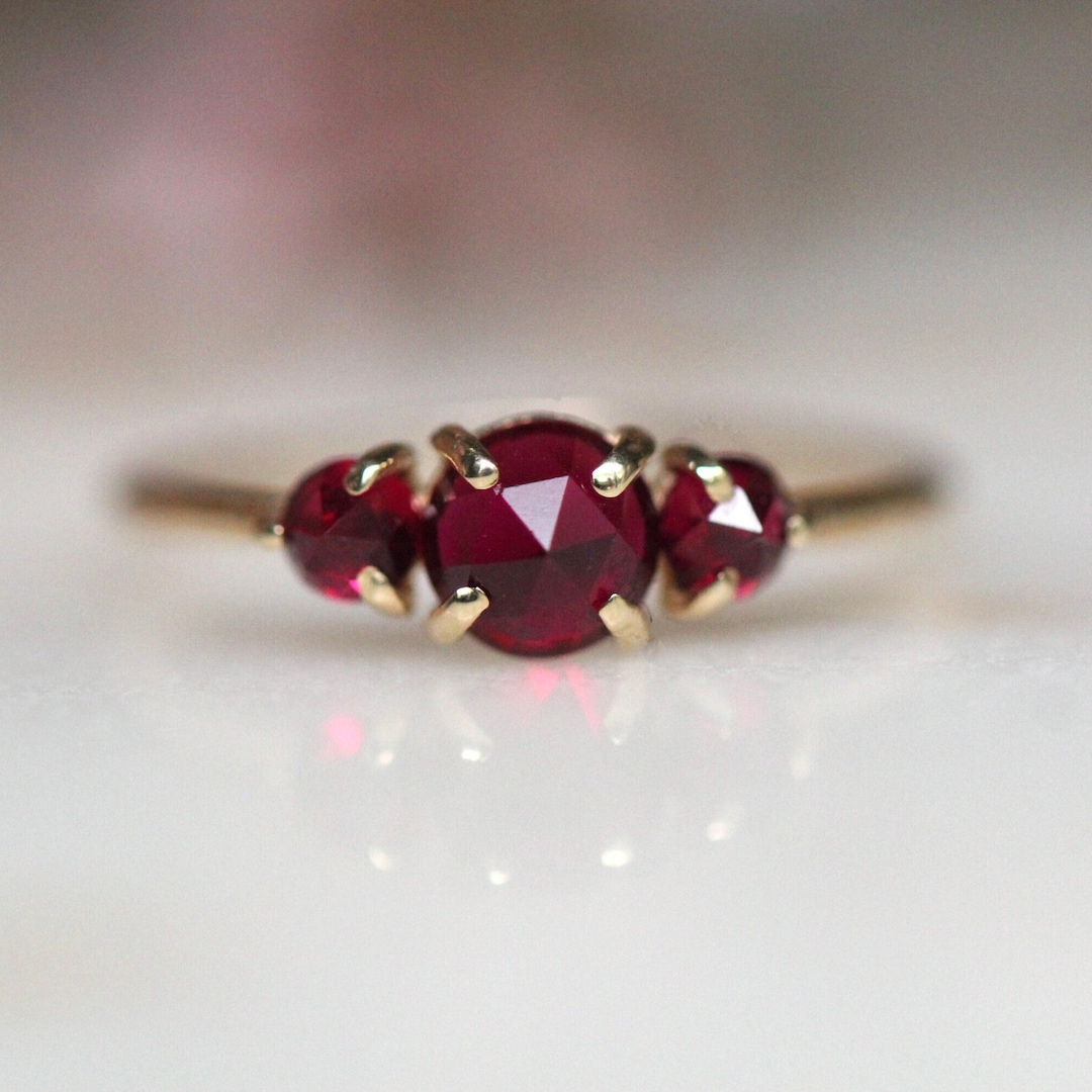 14K Gold Triple Ruby Ring Ring, Three Stone Ring, Ruby Jewelry, 10K Dainty Jewelry, July ...