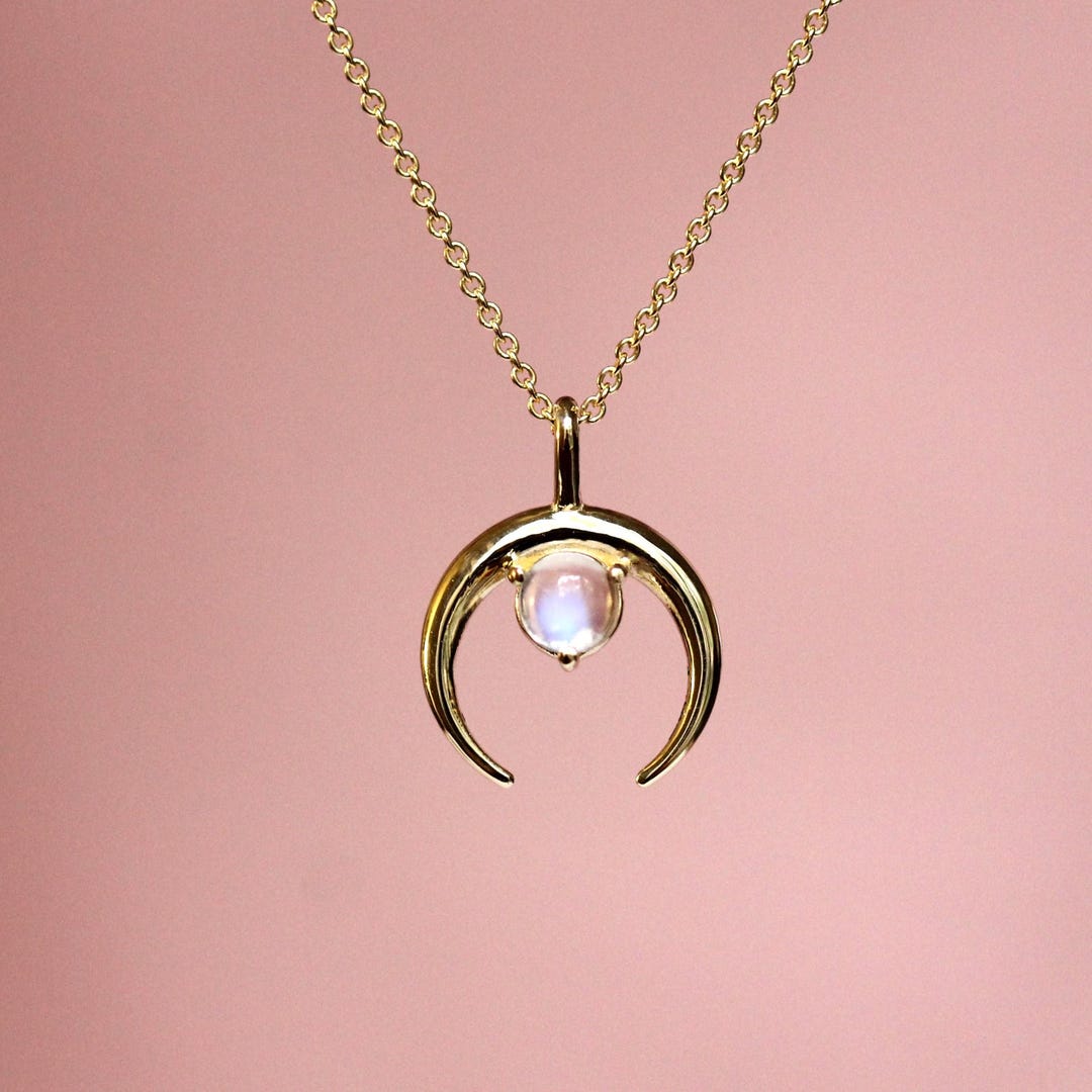 14K Gold Crescent Moon Pendant, Moon Necklace, Moonstone Necklace, 10K ...