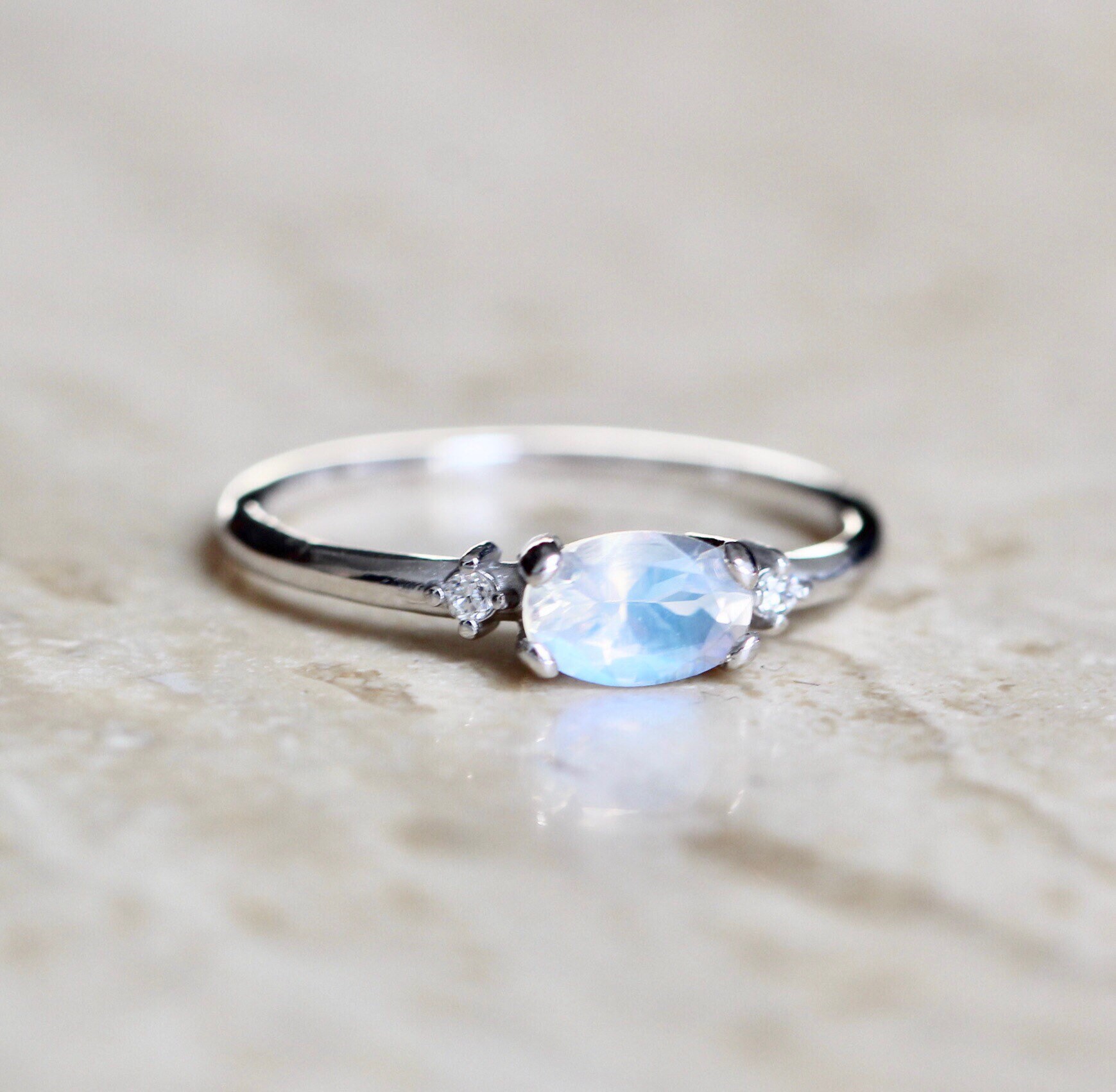 14K Gold Moonstone & Diamond Mirror, Mirror Ring