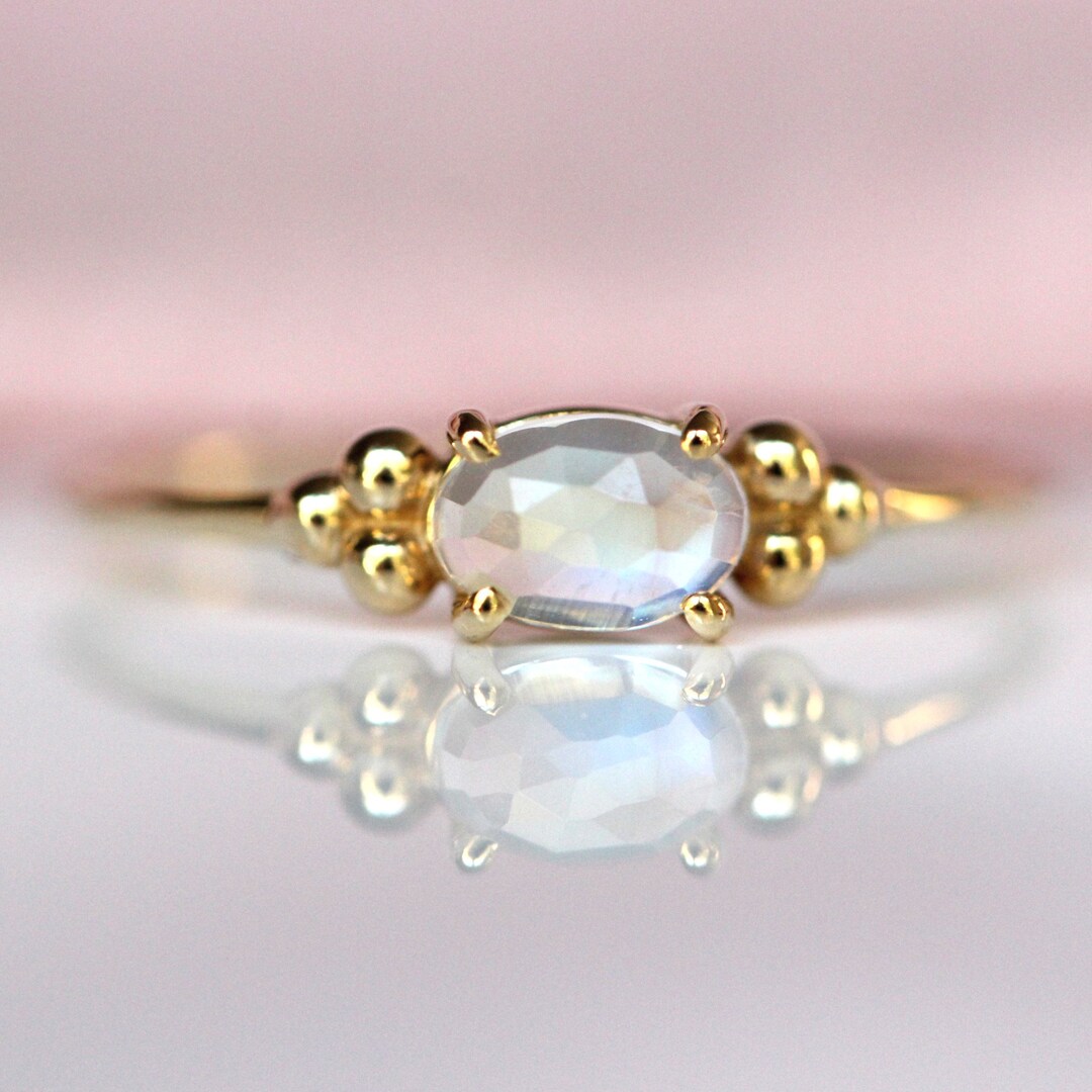 14K Triple Bead Moonstone Ring, Oval Moonstone Ring, Rainbow Moonstone ...
