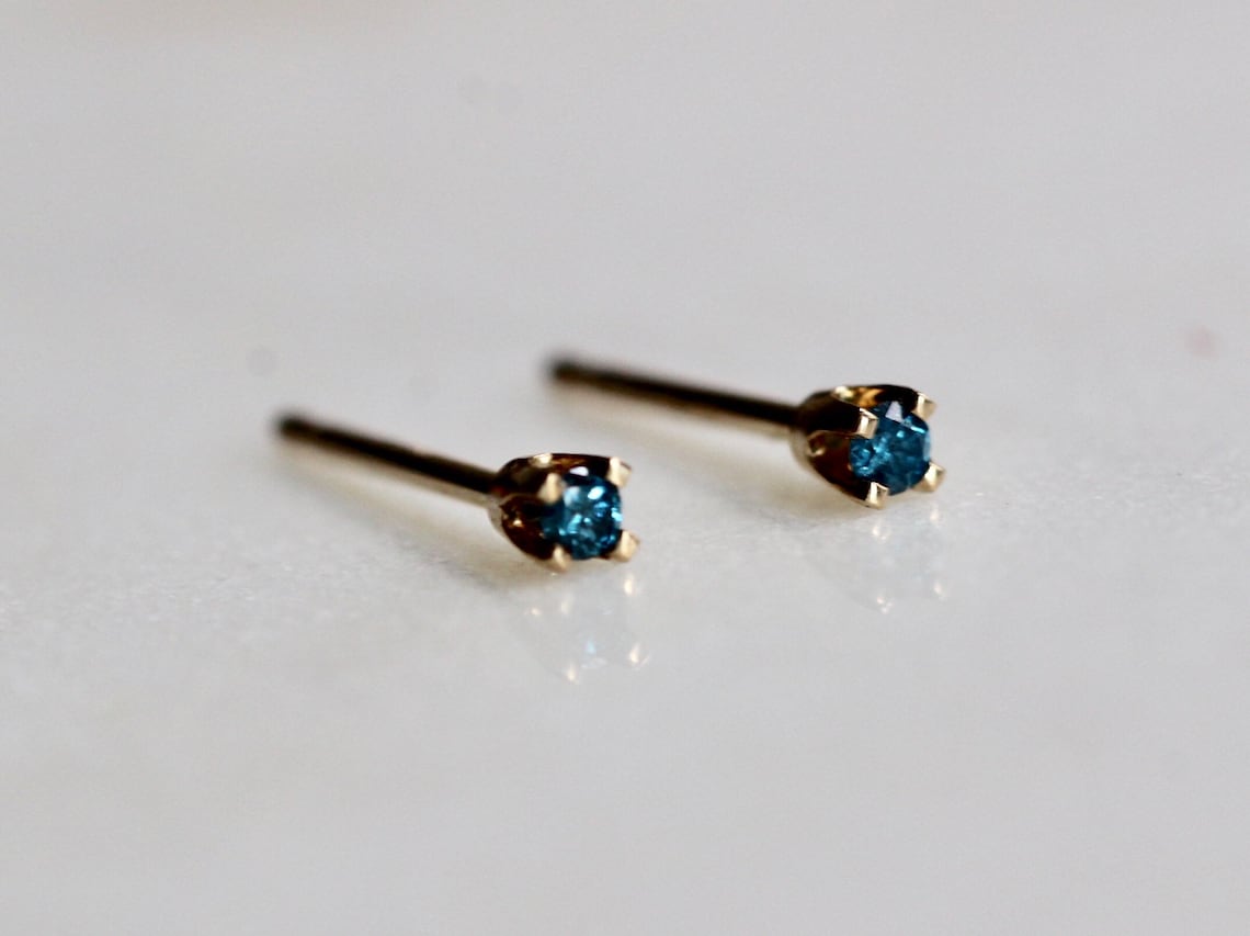 14K Gold Tiny Blue Diamond Studs Blue Diamond Diamond - Etsy