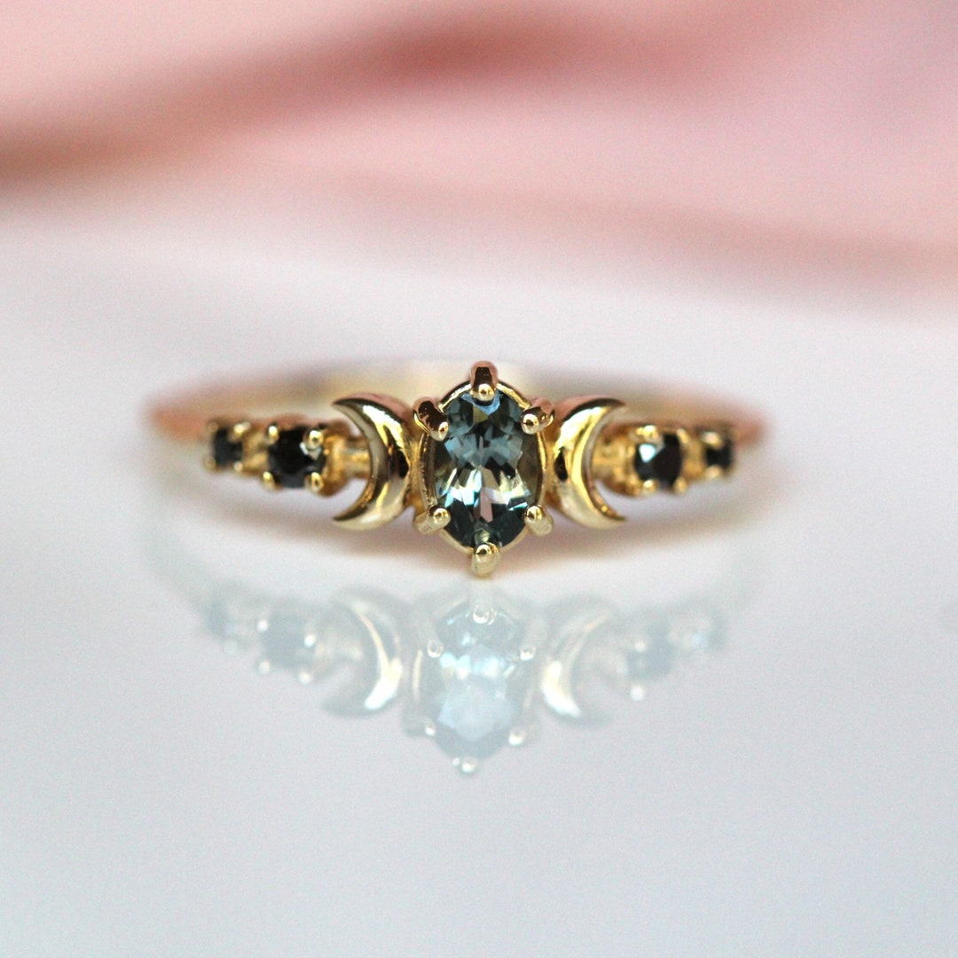 14K Moon Phase Ring, Grey Spinel and Black Diamond Ring, Double Moon ...