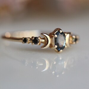 14K Moon Phase Ring, Grey Spinel and Black Diamond Ring, Double Moon ...